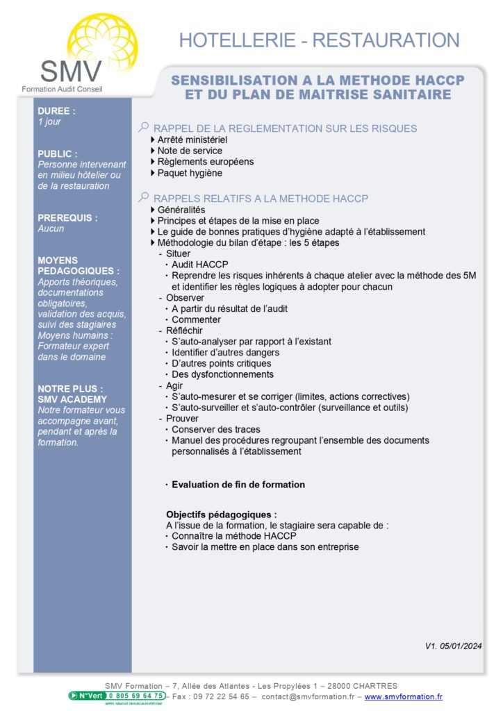 SENSIBILISATION A LA METHODE HACCP ET DU PLAN DE MAITRISE SANITAIRE ...